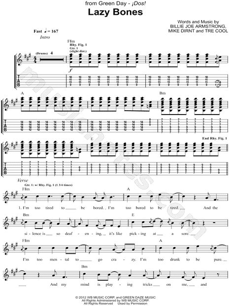 Green Day Lazy Bones Guitar Tab In F Minor Download And Print Sku Mn0118031