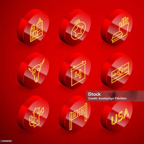 세트 라인 도시 풍경 매점 물병 버거 감자 튀김 버팔로 해골 날짜 7 월 4 일 스택 지폐 현금 선인장 및 술집 문 아이콘 벡터 3차원 형태에 대한 스톡 벡터 아트 및 기타