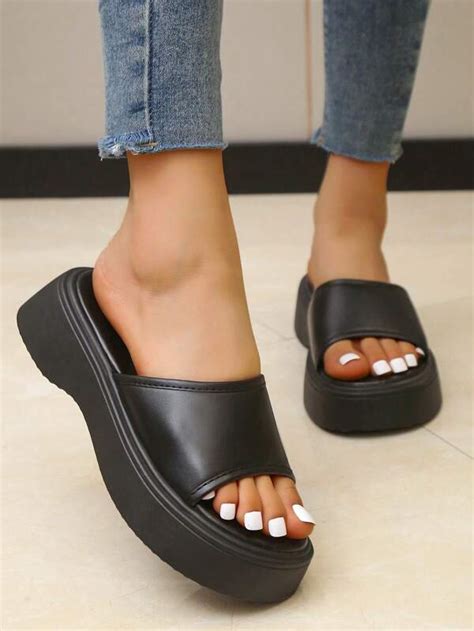 Women Single Band Sandals Elegant Black Platform Slide Sandals Shein Usa
