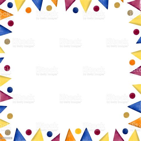 화려한 밝은 깃발과 색종이의 생일 파티 사각형 프레임 인사말 카드 템플릿 수채화 축제 초대장 공휴일에 대한 스톡 벡터 아트 및 기타 이미지 Istock