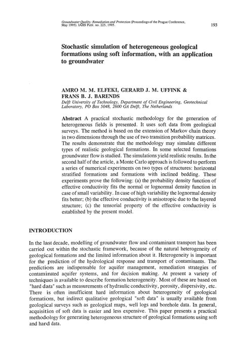 Pdf Stochastic Simulation Of Heterogeneous Geological Formations Using Soft Information With