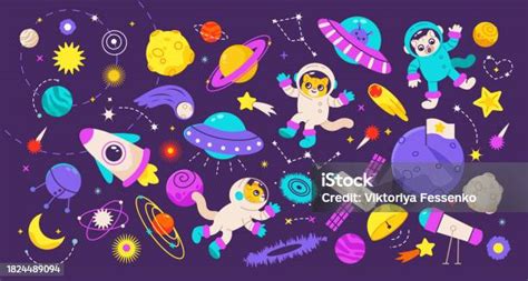 고양이 우주 비행사와 함께 귀여운 어린이 공간 환상적인 은하계의 쾌활한 고양이 행성 우주선 및 비행 접시로 설정된 평면 벡터입니다 개체 그룹에 대한 스톡 벡터 아트 및 기타