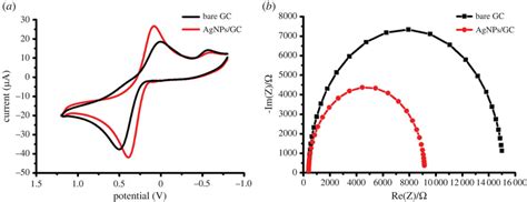 a cv and b nyquist plot measurements performed in 0 005 m potassium