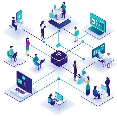 Digital Collaboration Network With Diverse Team Interacting On Connected Devices Stock Image