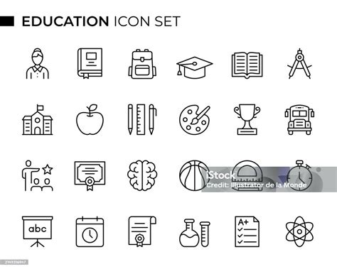 교육 개념 얇은 선 아이콘 세트에는 교사 책 배낭 각모 나침반 그리기 학교 건물 학용품 졸업장 등과 같은 아이콘이 포함되어 있습니다 아이콘에 대한 스톡 벡터 아트 및 기타