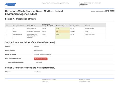 Hazardous Waste Transfer Note Template Niea