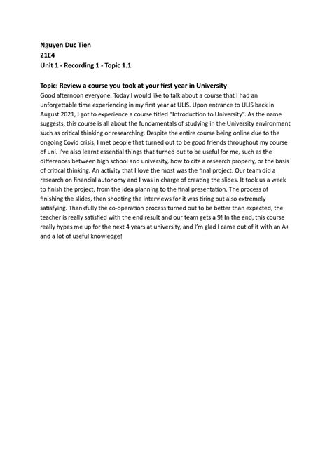 W3 Vlog Transcript Nguyen Duc Tien 21e Unit 1 Recording 1 Topic