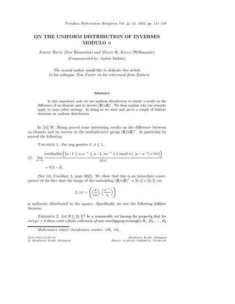 Pdf On The Uniform Distribution Of Inverses Modulo N