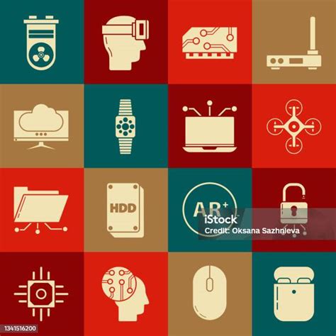 상자에 공기 헤드폰을 설정 잠금 디지털 회로 기판 무인 항공기 Ram 임의 액세스 메모리 스마트 워치 컴퓨터 모니터 화면 비디오 그래픽 카드와 노트북 아이콘 벡터 컴퓨터