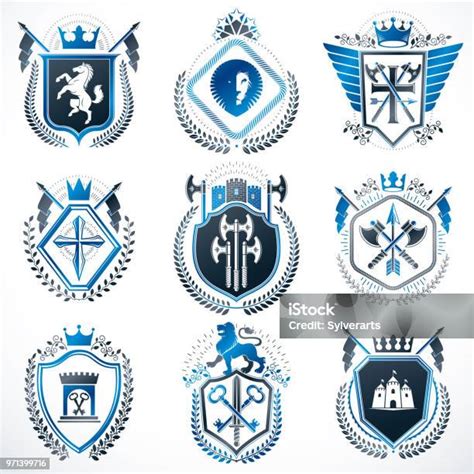 벡터 빈티지 문장 학 팔의 외 투 상 스타일에 설계 되었습니다 중세 타워 병기 로얄 크라운 별 및 다른 그래픽 요소 컬렉션을 디자인합니다 0명에 대한 스톡 벡터 아트 및
