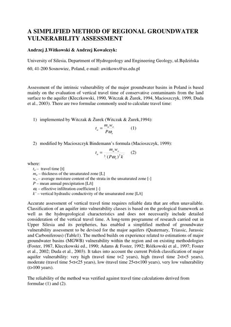 Pdf A Simplified Method Of Regional Groundwater Vulnerability Assessment