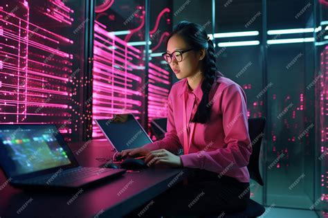 Premium Photo A View Of An Asian It Specialist Using A Laptop In A Data Center With Rack Servers