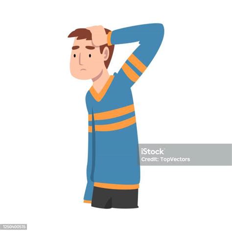 사려 깊은 표정으로 서 서 서 있는 젊은 남자 와 들고 손 에 그의 머리 벡터 그림 Theatrical Performance에 대한 스톡 벡터 아트 및 기타 이미지