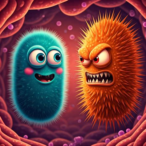 Colorful Cartoon Microbes Engaged In Battle Inside A Microscopic World