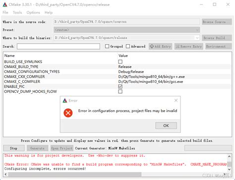 使用cmake工具mingw编译opencv报错：cmake Error Cmake Was Unable To Find A Build