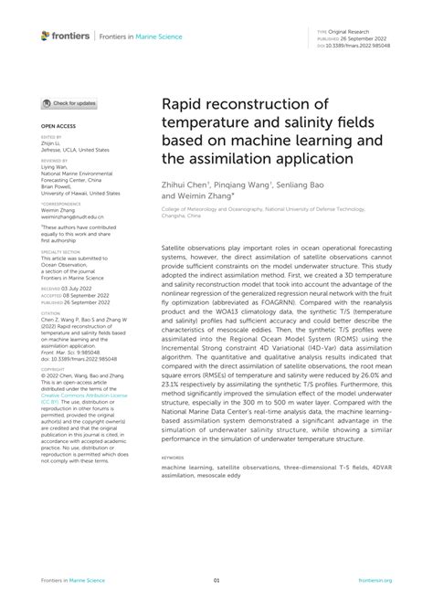 Pdf Rapid Reconstruction Of Temperature And Salinity Fields Based On Machine Learning And The