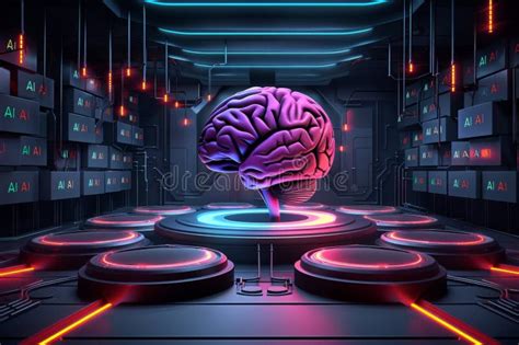 Neon Lit AI Brain in Futuristic Laboratory, Digital Neural Network, Advanced Technology ...