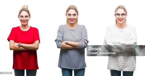 고립 된 배경 위에 젊은 아름 다운 금발 여자의 콜라주 카메라를 보고 교차 팔 웃는 얼굴 긍정적 인 사람 사람들에 대한 스톡 사진 및 기타 이미지 Istock