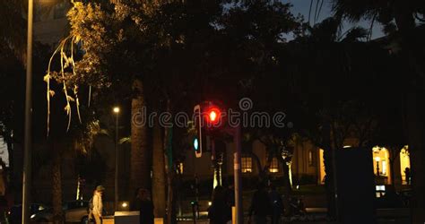 Red Pedestrian Traffic Light And People Pass By On Street In Late Rainy