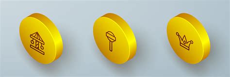 세트 아이소 메트릭 라인 어트랙션 회전 목마 롤리팝 및 종 아이콘과 광대 모자 벡터 3차원 형태에 대한 스톡 벡터 아트 및 기타 이미지 3차원 형태 공휴일 끈적거리는