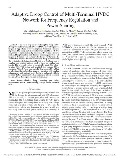 Adaptive Droop Control Of Multi Terminal Hvdc Network For Frequency Regulation And Power Sharing
