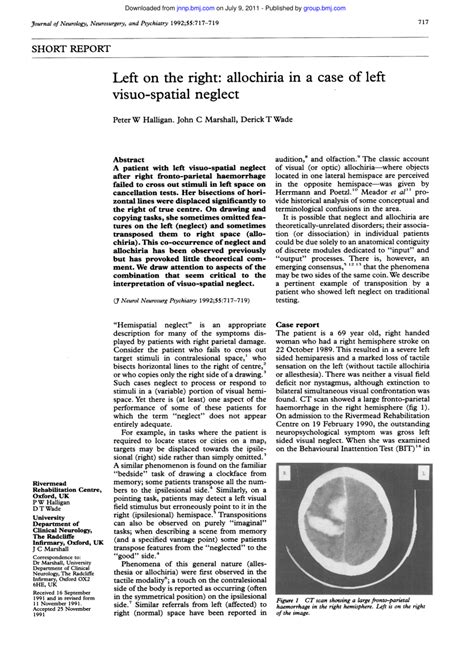 Pdf Left On The Right Allochiria In A Case Of Left Visuo Spatial Neglect