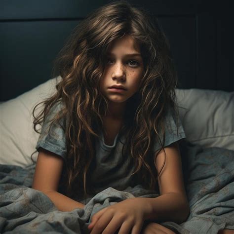 Premium Ai Image A Girl With Long Hair Sits On A Bed With A Blue Sheet