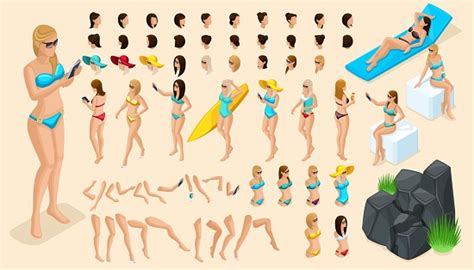 손과 발 3d 여자의 제스처의 큰 아이소메트릭 집합입니다 당신의 캐릭터 휴가 관광 여름 벡터 일러스트 레이 션에 대 한 수영복 여자 만들기 관광에 대한 스톡 벡터 아트 및