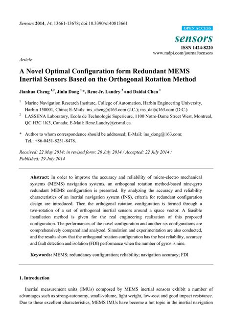 Pdf A Novel Optimal Configuration Form Redundant Mems Inertial Sensors Based On The Orthogonal