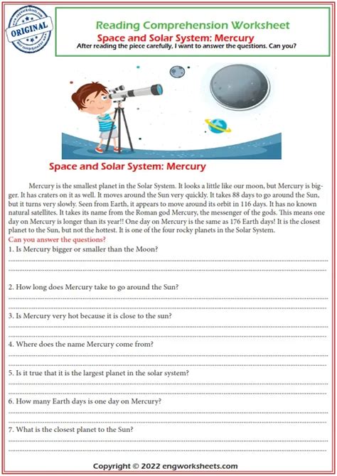 Reading Comprehension Worksheets Solar System Mercury Planet