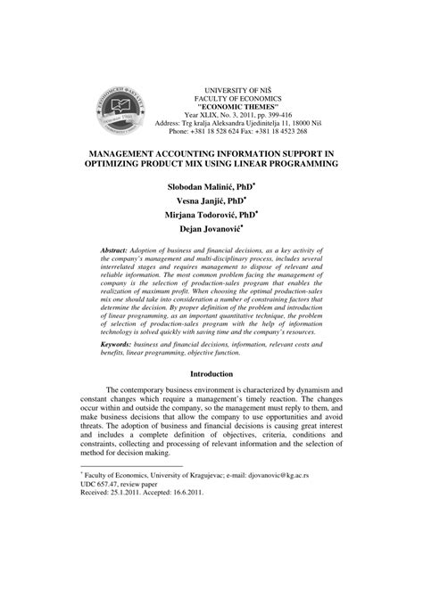 Pdf Management Accounting Information Support In Optimizing Product