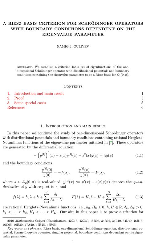 Pdf A Riesz Basis Criterion For Schrödinger Operators With Boundary Conditions Dependent On