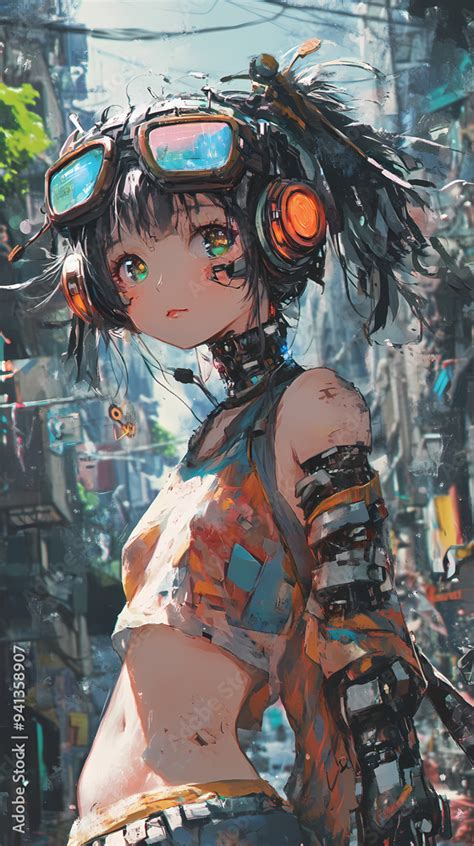 Anime Cyborg Girl With Black Cat And Machine Gun In Futuristic Art