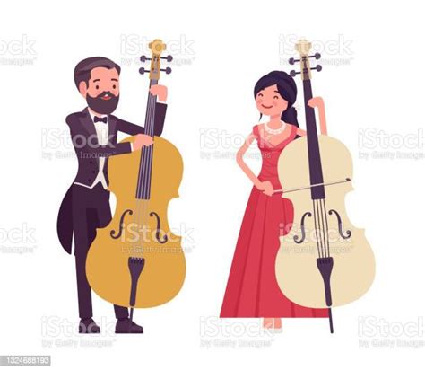 음악가 우아한 남자 문자열 활 악기를 연주 하는 여자 더블베이스 Classical Concert에 대한 스톡 벡터 아트 및 기타 이미지 Classical Concert