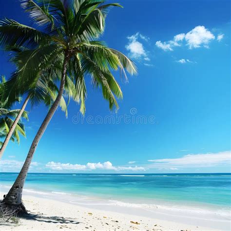 Coconut Palm Trees Growing On Sandy Beach Near Turquoise Sea Stock