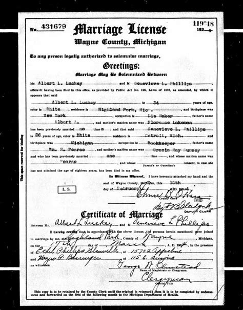 Marriage Record Of Albert L Luckey And Genevieve L Phillips
