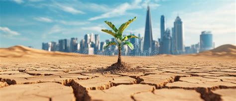 Impact Of Desertification A Barren Desert Stretching Towards An Urban