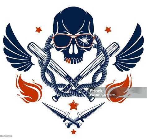 공격적인 두개골 야구 박쥐와 다른 무기와 디자인 요소 벡터 범죄 게토 빈티지 스타일 갱스터 무정부 또는 마피아 테마갱 스터블 엠블럼 문신 단도에 대한 스톡 벡터 아트 및