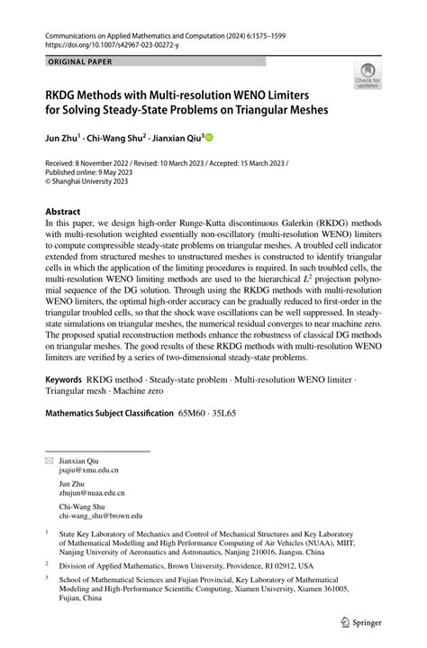 Pdf Rkdg Methods With Multi‑resolution Weno Limiters For Solving Steady‑state Problems On