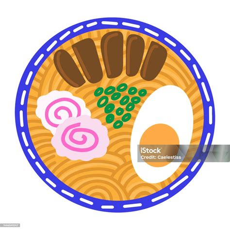 고기 계란 나루 토마 키 국수를 곁들인라면 스프 귀여운 화려한 간단한 손으로 그린 낙서 아시아 음식 그리기 플레이트 평면도 벡터