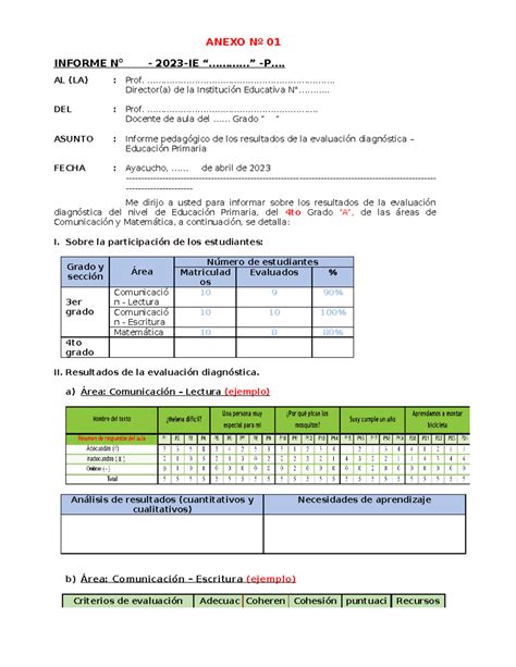 1 Informe Del Docente Evaluación Diagnóstica 2023 Anexo Nº 01 Informe