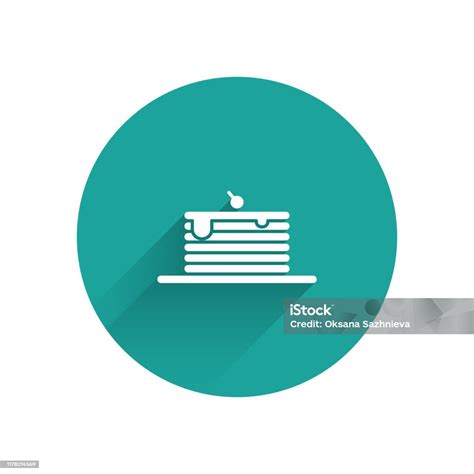 긴 그림자로 격리 된 팬케이크 아이콘의 흰색 스택 시럽과 체리와 베이킹 아침 식사 개념입니다 녹색 원 버튼입니다 벡터 일러스트레이션 그릇에 대한 스톡 벡터 아트 및 기타