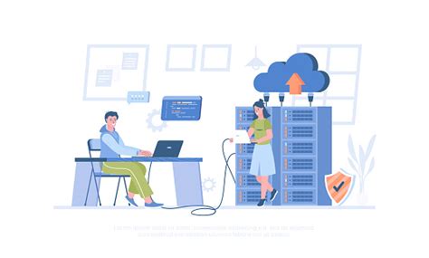 데이터 센터 호스팅 제공 업체 데이터 스토리지 클라우드 기술 서버 랙 데이터 센터 장비 배너 웹사이트 디자인 방문 페이지에 대한 만화 현대 평면 벡터 그림 벡터에 대한 스톡