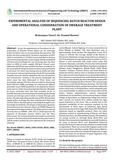 Experimental Analysis Of Sequencing Batch Reactor Design And Operational Consideration Of