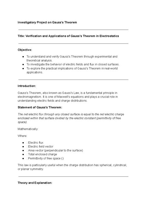 Investigatory Project On Gausss Law Verification And Applications In