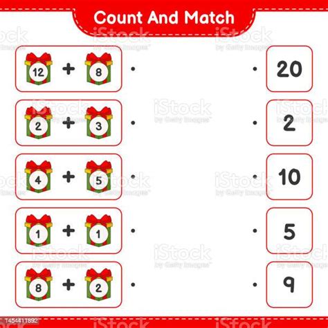 세고 일치시키고 선물 상자의 수를 세고 올바른 숫자와 일치시킵니다 교육 어린이 게임 인쇄 워크시트 벡터 일러스트 레이 션 0명에 대한 스톡 벡터 아트 및 기타 이미지