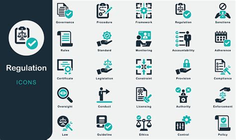 규정 솔리드 아이콘 컬렉션 규정 준수 지침 제약 조건 법률 절차 행위 제한 사항 입법 표준 준수 규칙 거버넌스 정책 감독 권한 포함 아이콘에 대한 스톡 벡터 아트 및 기타