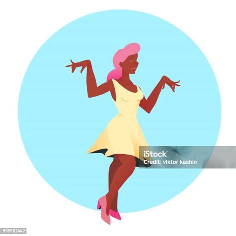 흰 드레스와 핑크 머리 춤 젊은 아름 다운 소녀 벡터 일러스트입니다 평면 스타일에서 원형 배경에 사람들입니다 스튜디오의 춤 여자 패션의 상점에 대 한 포스터 플라이어