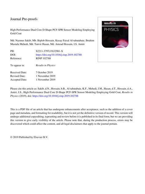 Pdf High Performance Dual Core D Shape Pcf Spr Sensor Modeling Employing Gold Coat