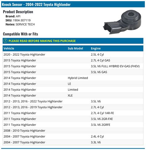 2004 2022 Toyota Highlander Knock Sensor Api 18050 07388556
